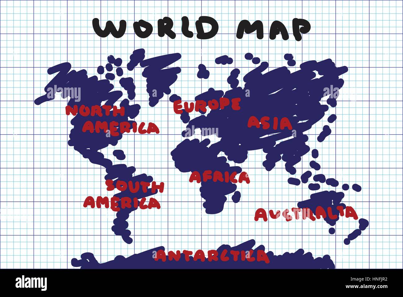 Freehand drawing style of world map and continent on grid paper Stock ...
