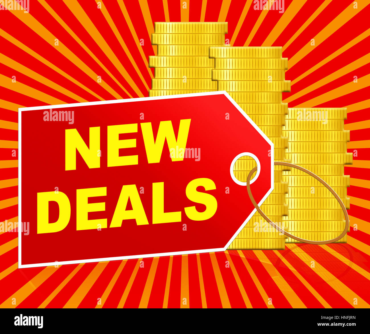 New Deals Label And Coins Represents Latest Product 3d Illustration ...