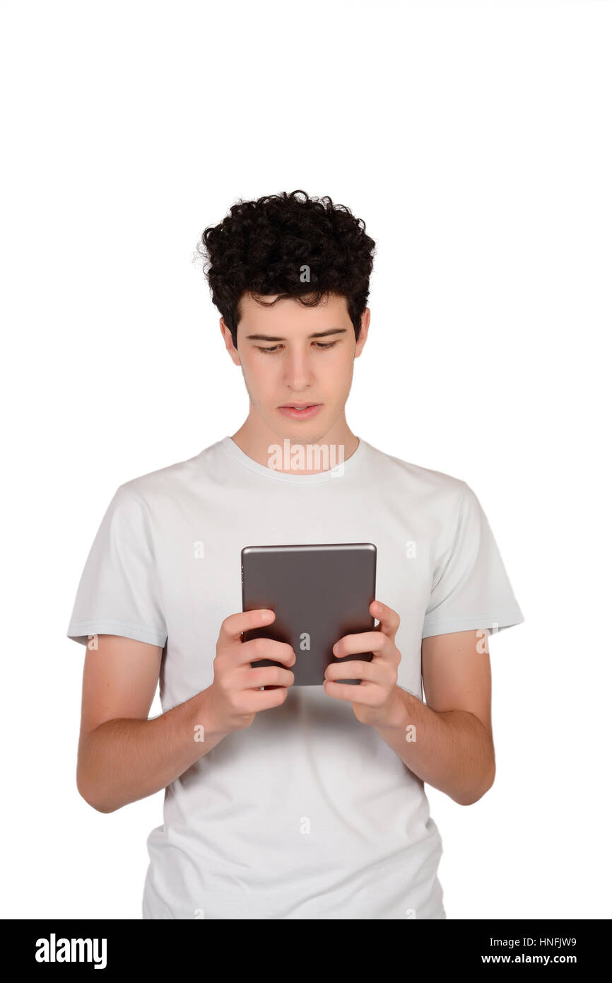 Portrait Of Young Handsome Man Using Tablet Isolated White Background