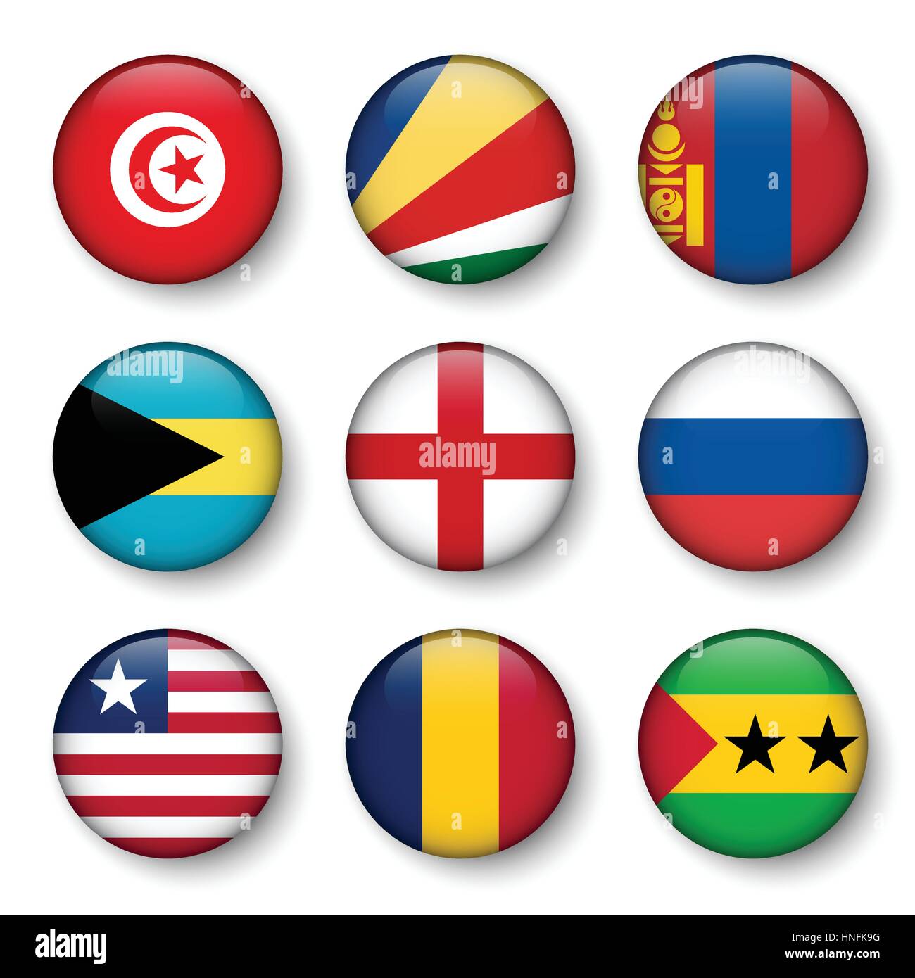 Set of world flags round badges ( Tunisia . Seychelles . Mongolia ...