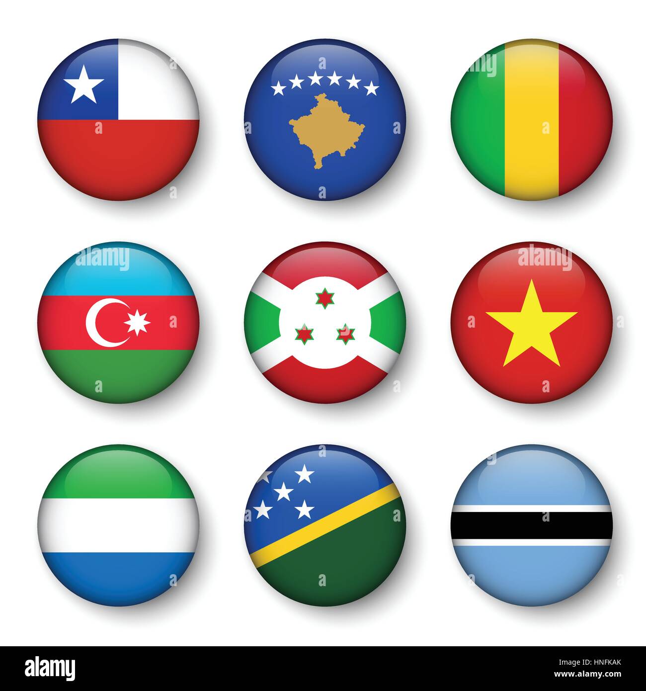 Set of world flags round badges ( Chile . Kosovo . Mali . Azerbaijan ...