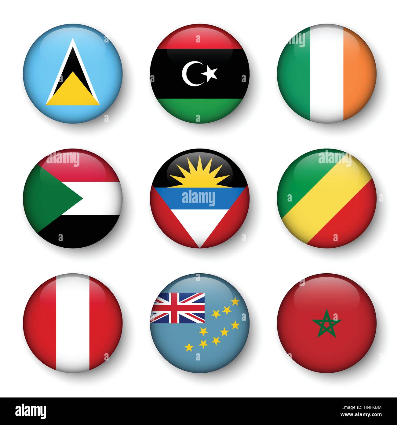 Set of world flags round badges ( Saint Lucia . Libya . ireland . Sudan ...