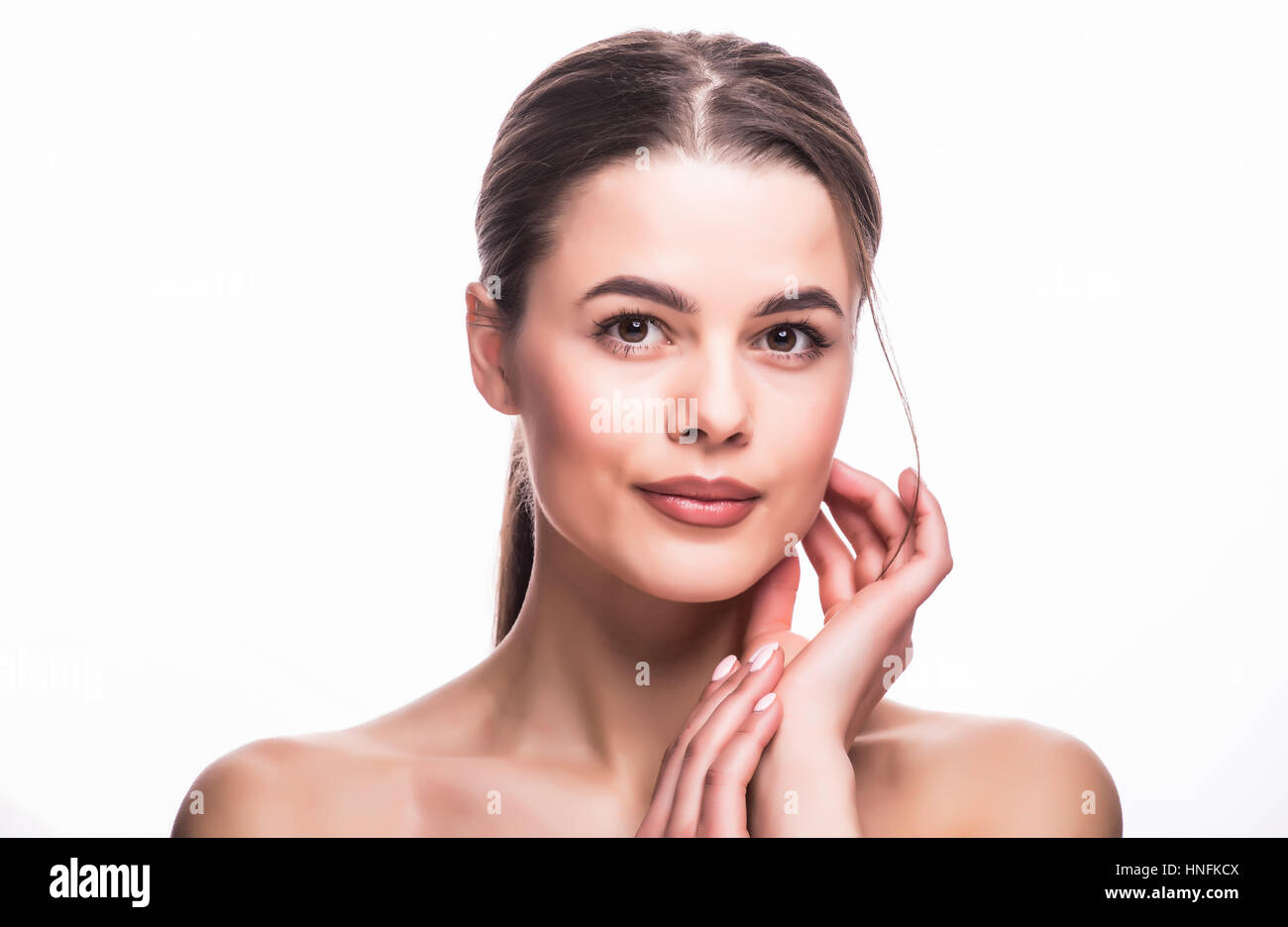 Beautiful Face Of Young Woman With Clean Fresh Skin Close Up Isolated