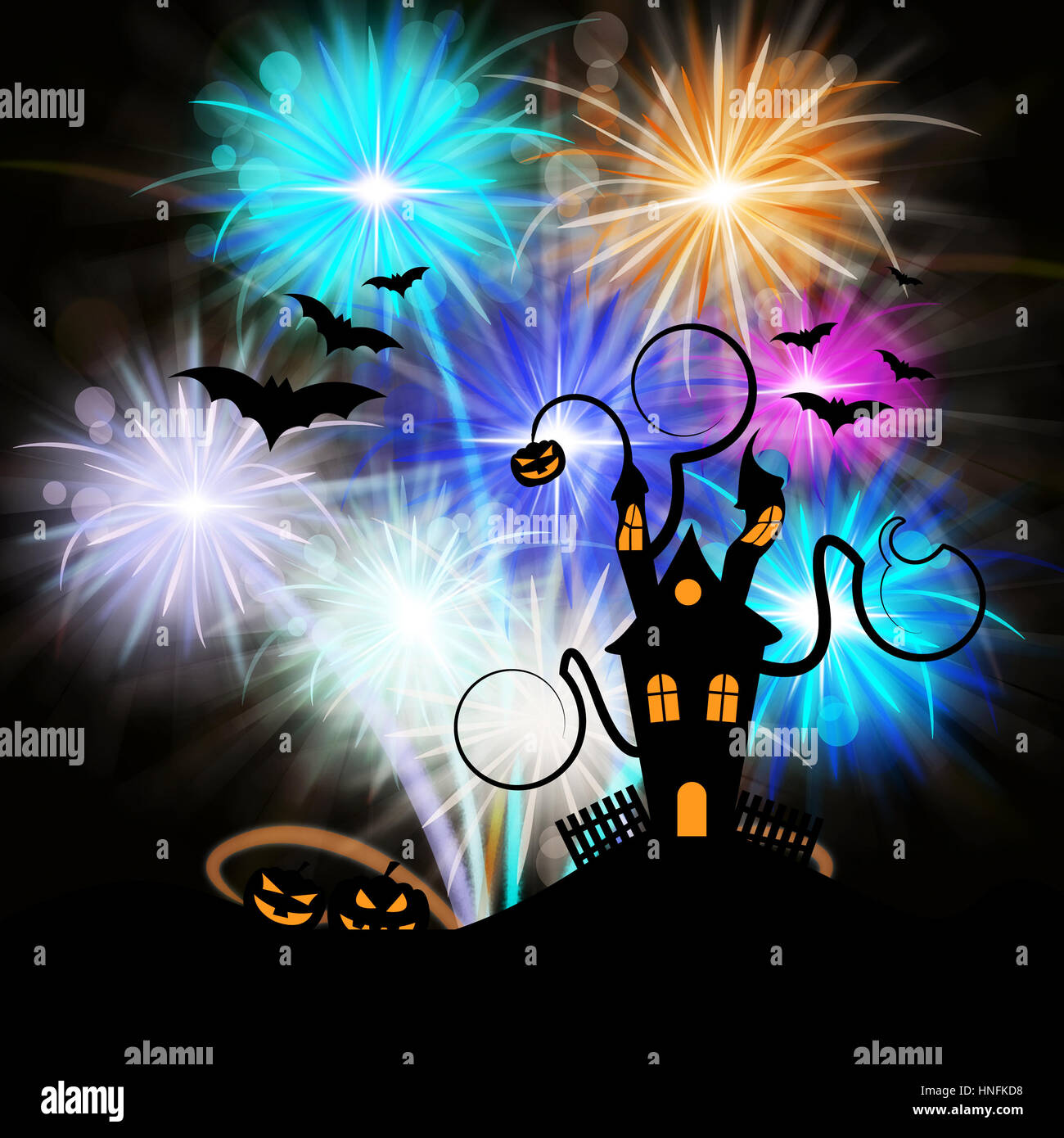 Haunted House And Fireworks Showing Halloween Celebration Stock Photo ...