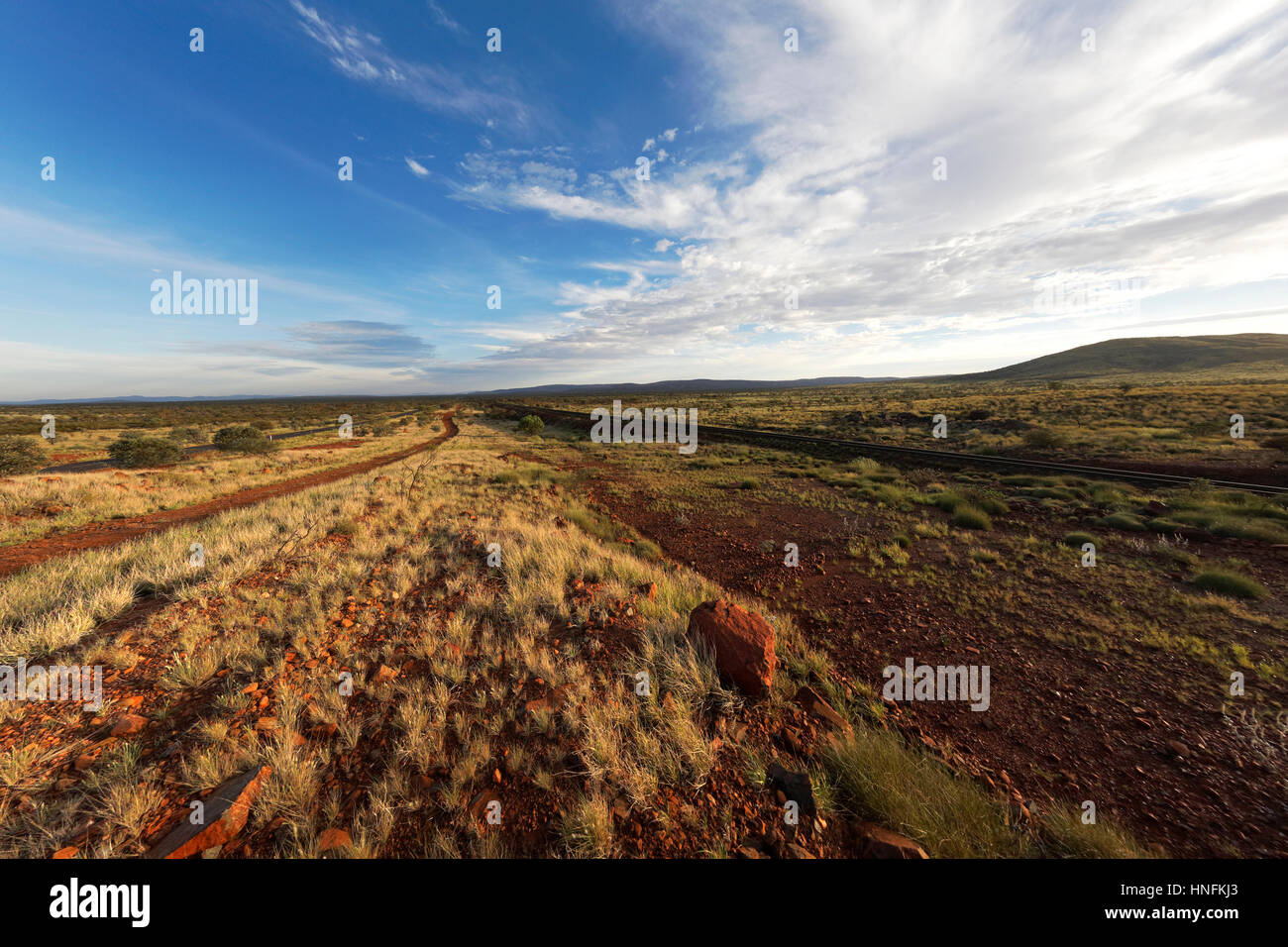 Outback landscape with railway line, Pilbara, Western Australia Stock ...
