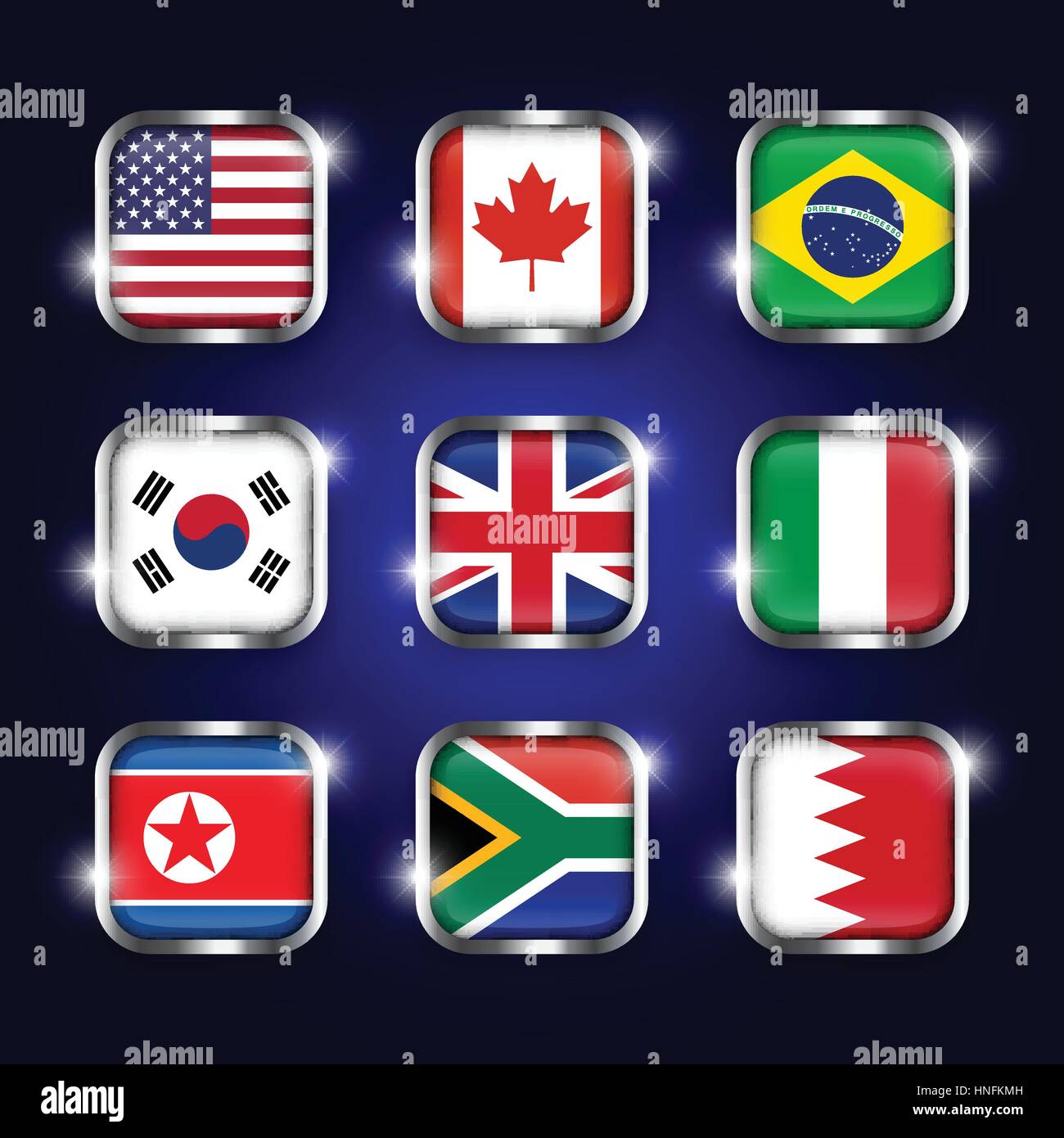 Set of world flags quadrangular glass buttons with steel border and ...