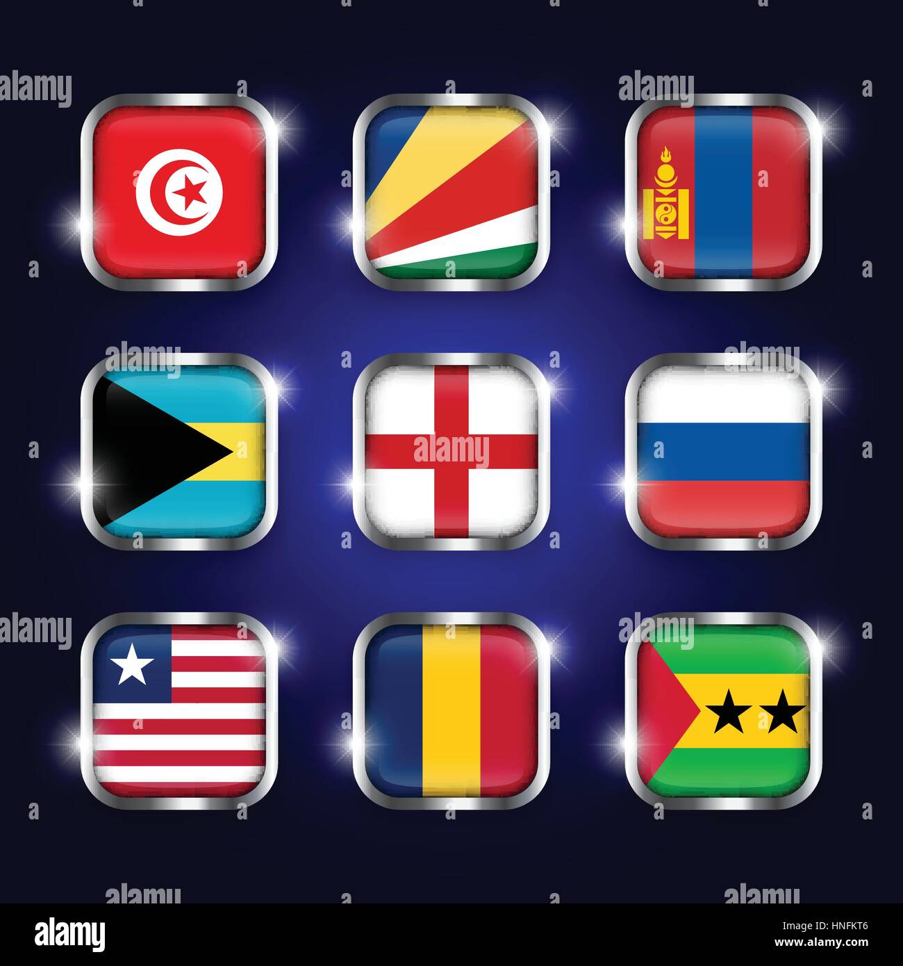 Set of world flags quadrangular glass buttons with steel border and ...