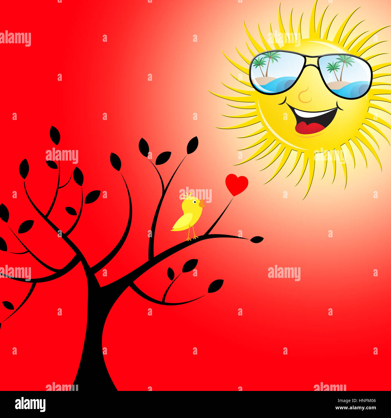 smiling Sun Tree And Bird Shows Summer Time Outdoors Stock Photo - Alamy
