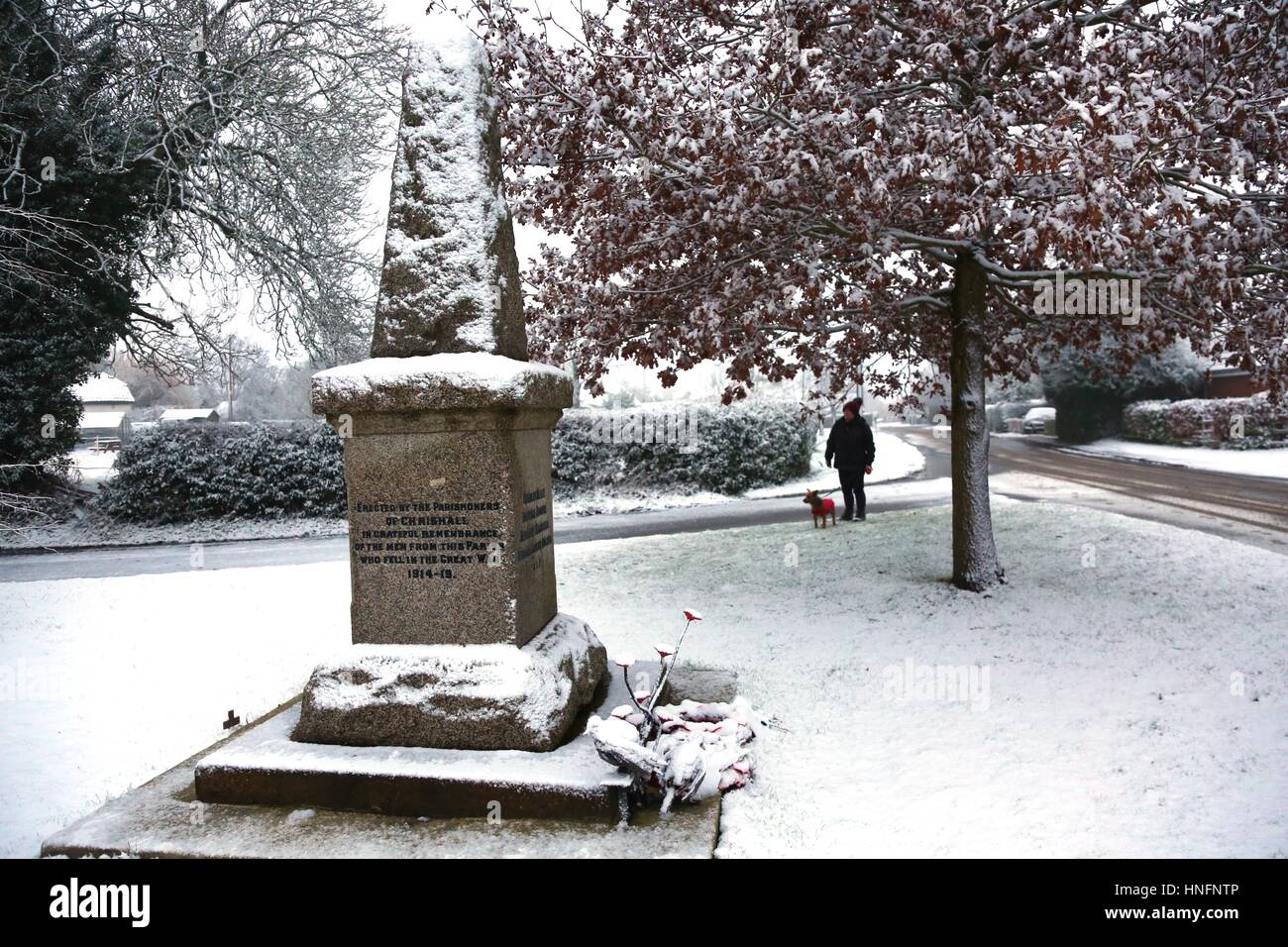 Chrishall, Essex, UK. 12th February, 2017. UK Weather: The war memorial ...