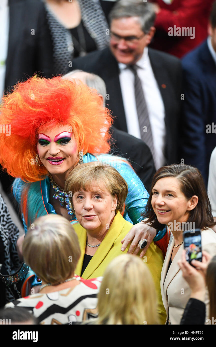 Berlin, Germany. 12th Feb, 2017. Drag Queen Olivia Jones touches German ...