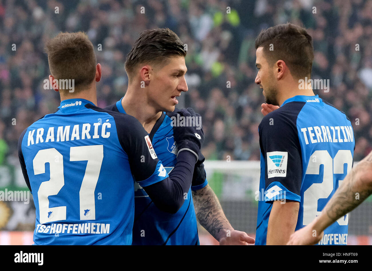 Wolfsburg, Germany. 12th Feb, 2017. Hoffenheim's Steven Zuber (C ...