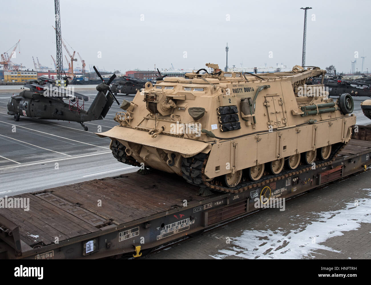 Bremerhaven, Germany. 12th Feb, 2017. Black Hawk helicopters and tanks ...