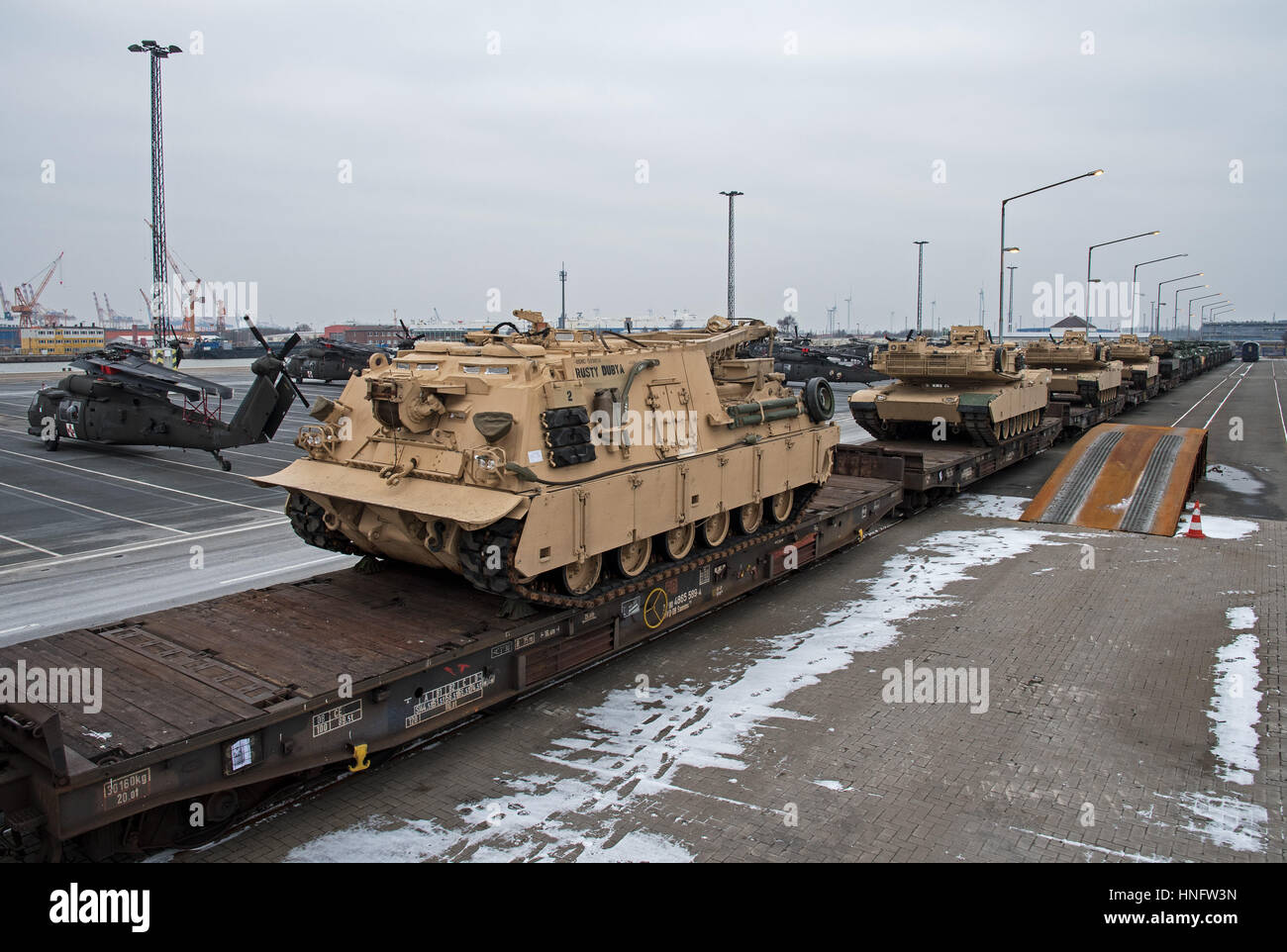 Bremerhaven, Germany. 12th Feb, 2017. Black Hawk helicopters and tanks ...