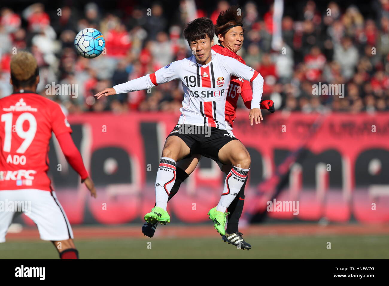Urawa Komaba stadium, Saitama Japan. 12th Feb, 2017. (L-R) Hwang Kiwook (FC Seoul), Kazuki ...