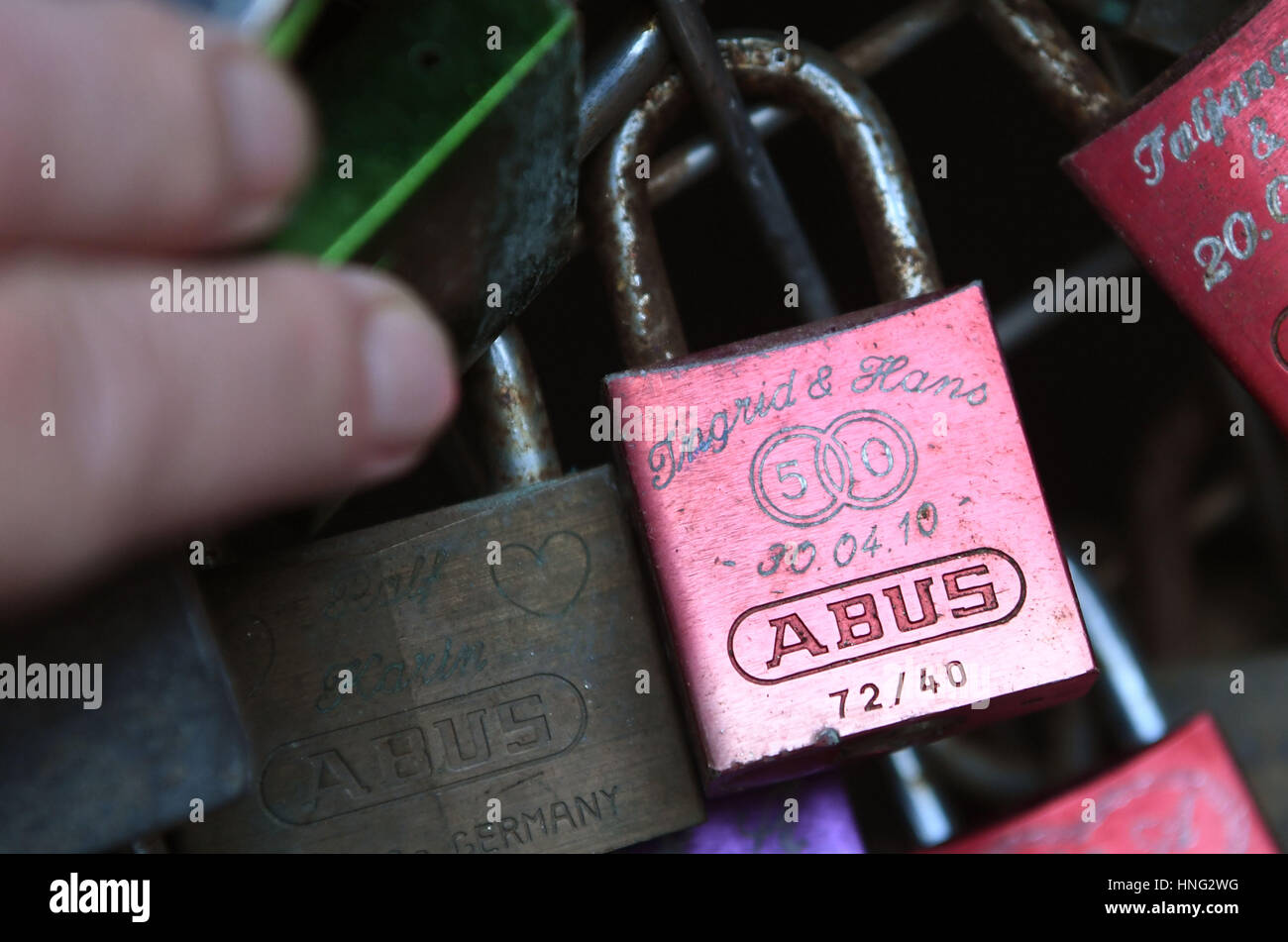 Heilbronn, Germany. 09th Feb, 2017. A love lock fastened to the ...