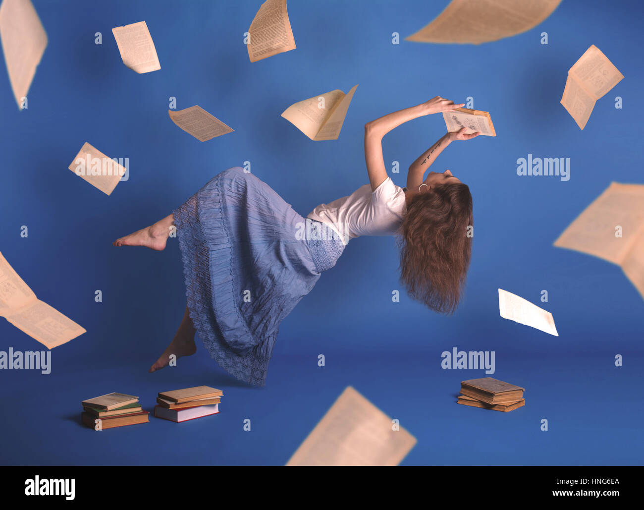 Surreal creative design, levitation. Flying woman. Levity people ...