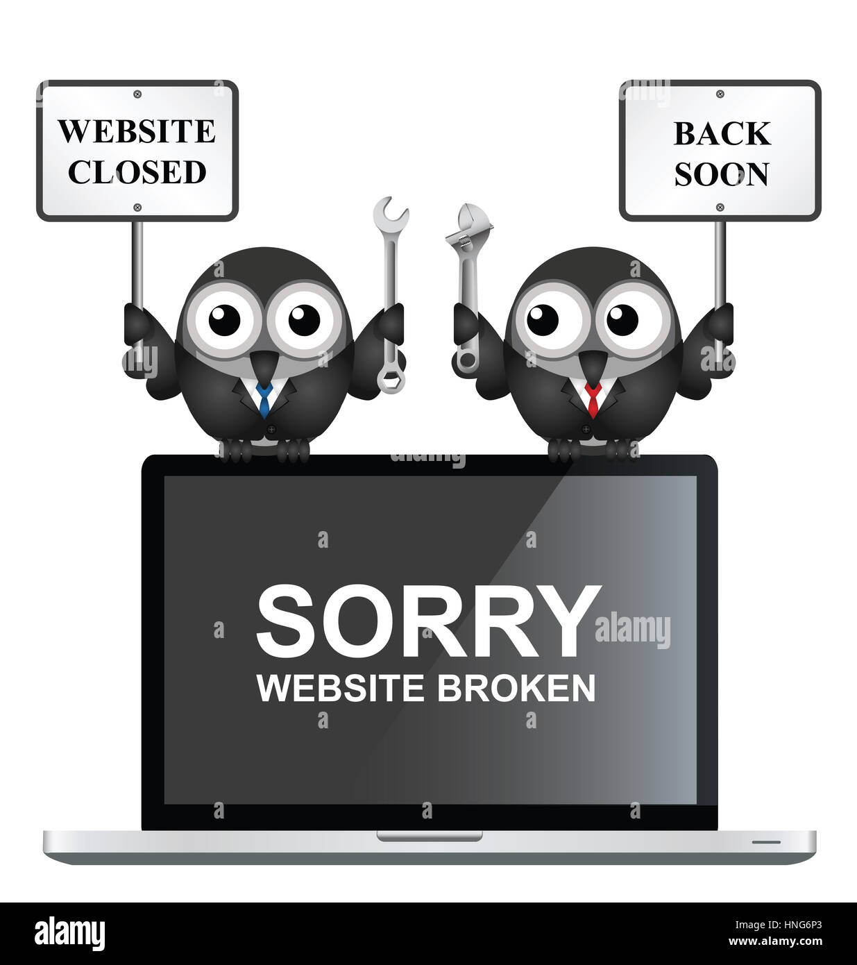 Comical website broken with back soon message and bird IT personnel ...