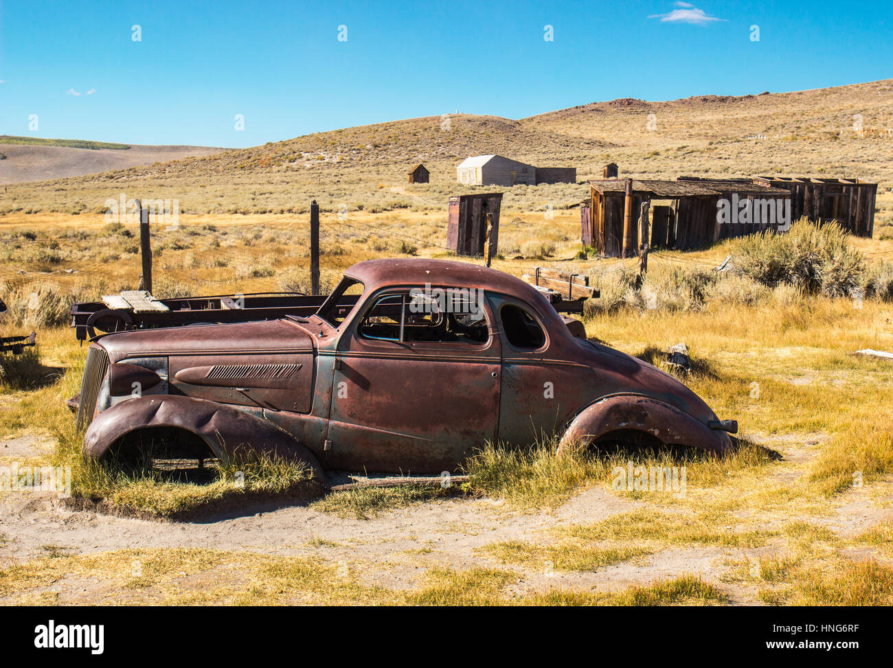 Vintage Rusted Automobile Shell Abandoned In Ghost Town Desert Stock ...