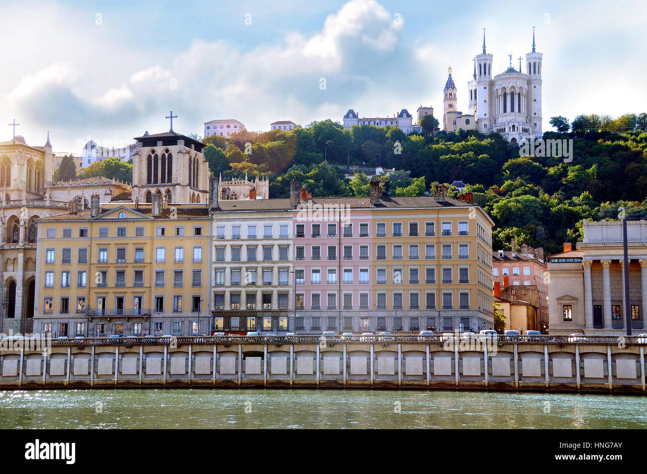 Saone River and Fourviere basilica in the background Lyon France ...