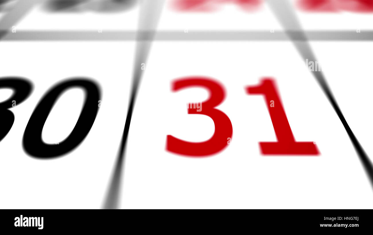 Close up of calendar with date of 31 with follow shallow depth of field ...