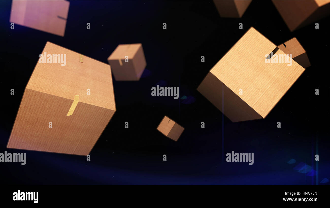 Falling cardboard boxes on a black background. 3d rendering Stock Photo ...