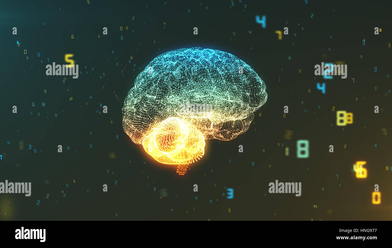 Digital computer brain in a cloud of numerical data - 3d rendered ...
