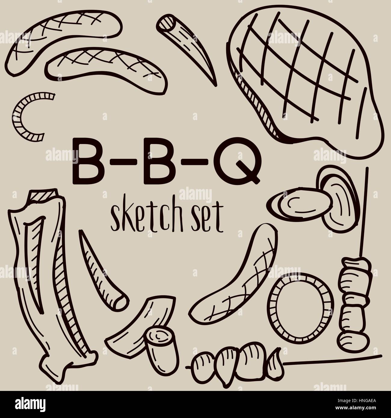 Grill and barbecue vector sketch set. Hand drawn design elements Stock ...