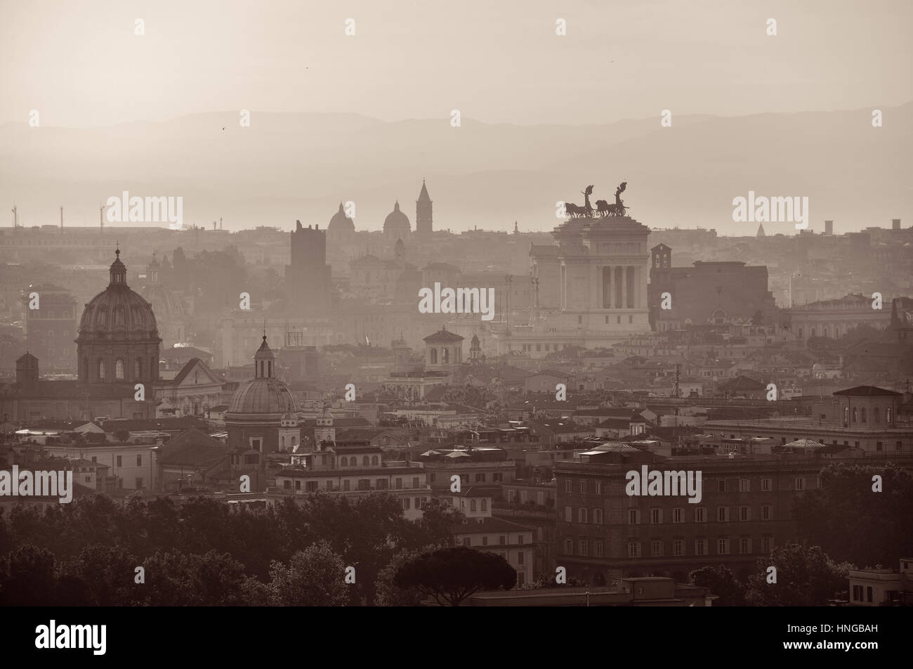 Rome rooftop view at sunrise silhouette black and white with ancient ...
