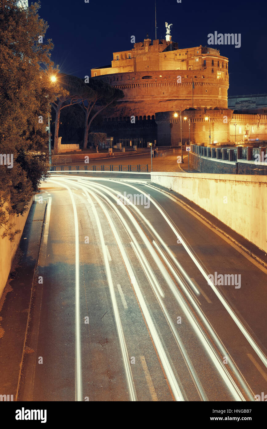 Castel Sant Angelo at night with light trail in Rome, Italy Stock Photo ...