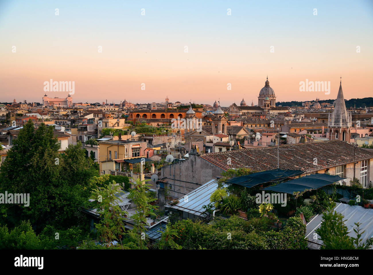 Rome rooftop view with ancient architecture in Italy at sunset moment ...