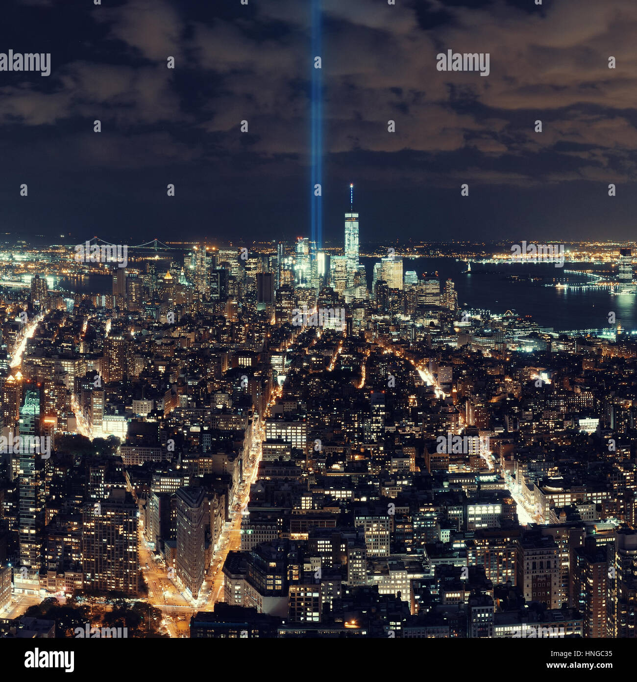 New York City downtown skyline night view and 911 tribute light Stock ...