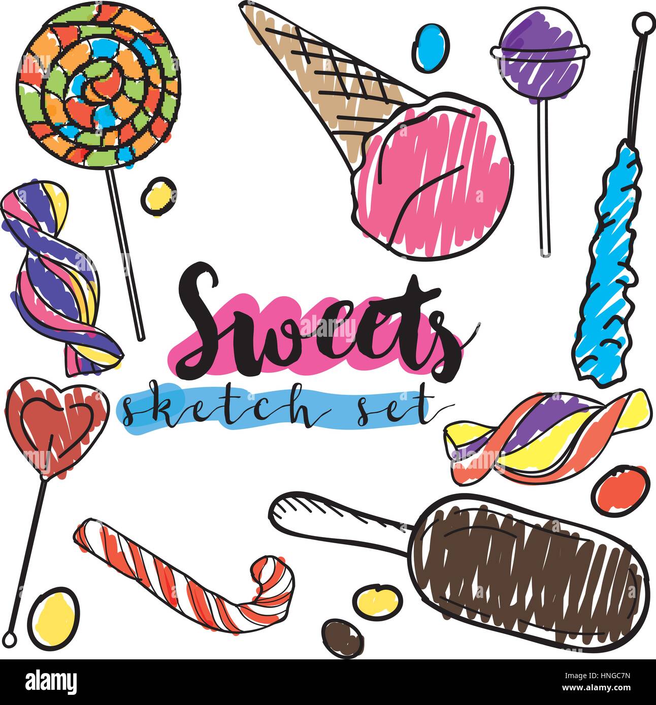 Trendy sweets vector set. Illustrations in sketch style. Hand drawn ...