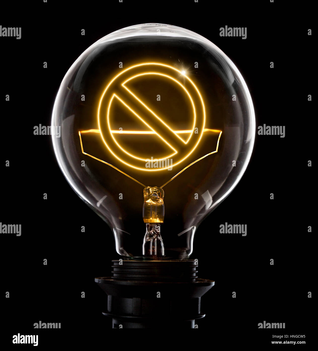 Clean and shiny lightbulb with a forbidden symbol as a glowing wire ...