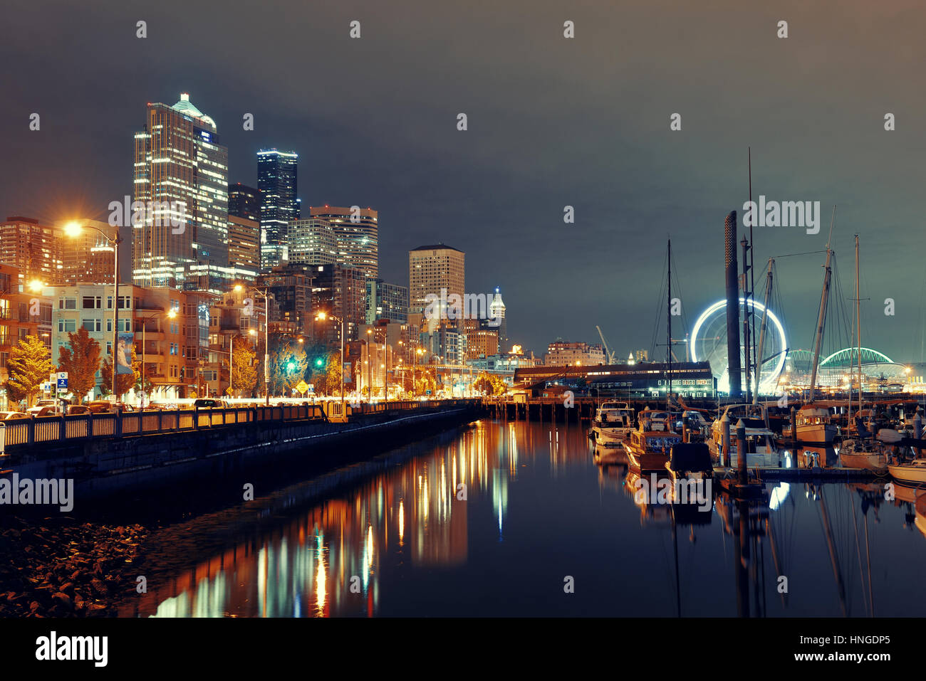 Seattle waterfront view with urban architecture at night Stock Photo ...