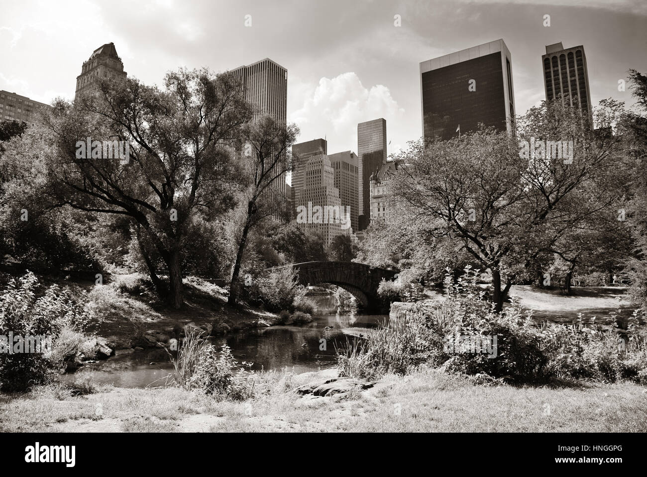 Central Park Spring with skyline in midtown Manhattan New York City ...