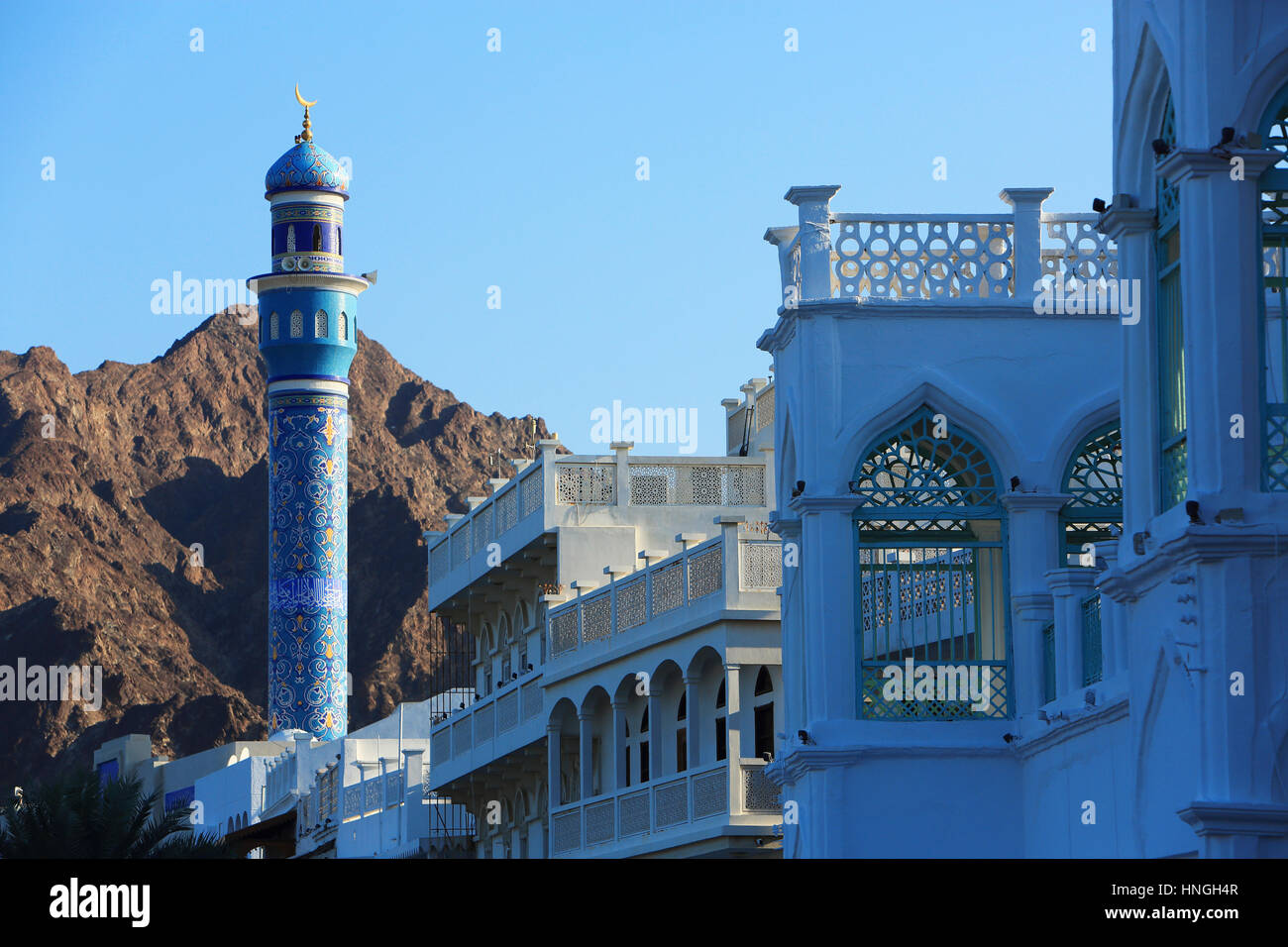 The minaret of Muttrah mosque, Muscat, Oman Stock Photo - Alamy