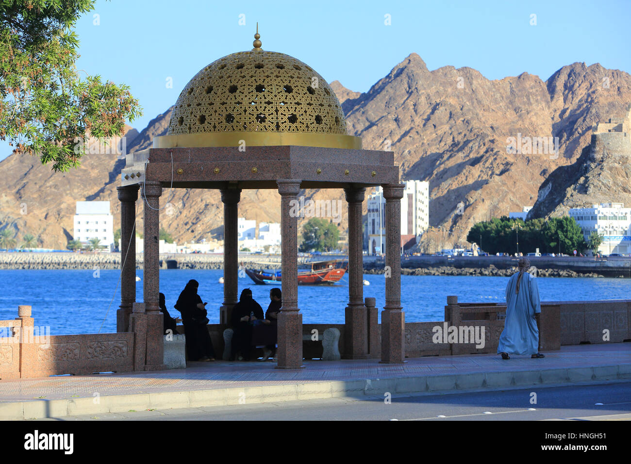 The beautiful Corniche, on the bay in Muttrah, in Muscat, capital of ...