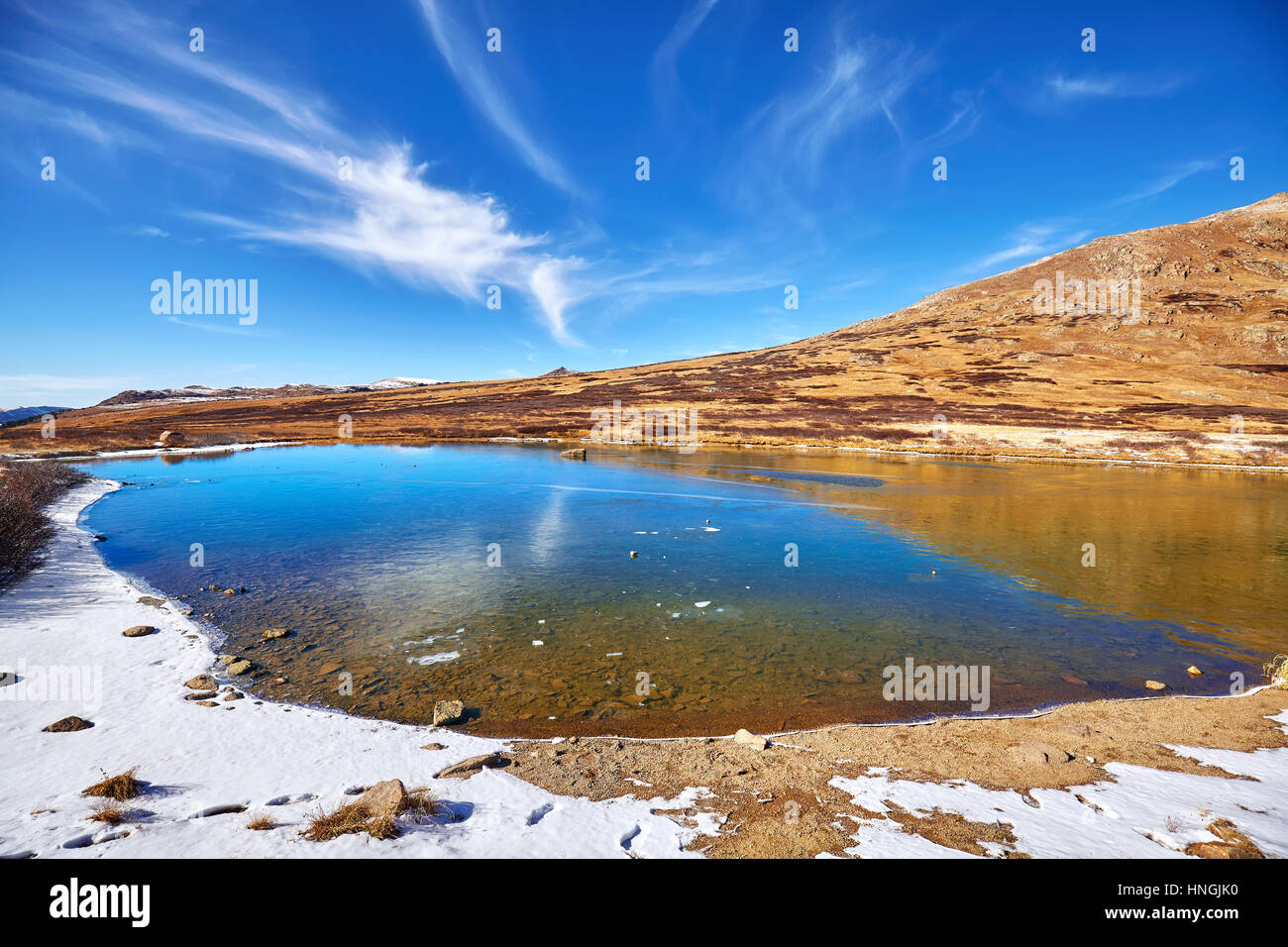 Independence Pass mountain landscape with lake and blue sky ...