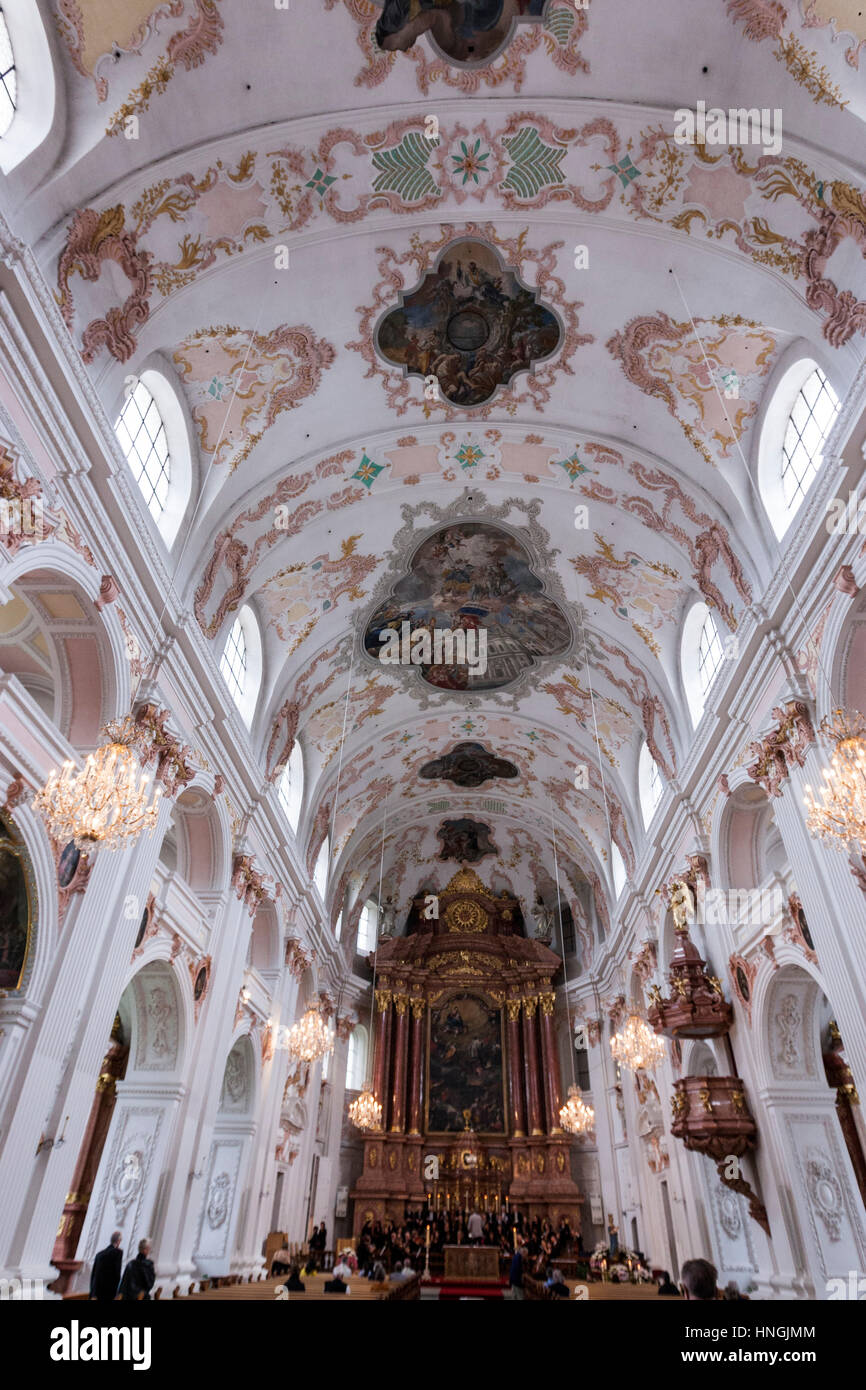 Decorated ceiling in the Interior of the Jesuit baroque church, Lucerne ...