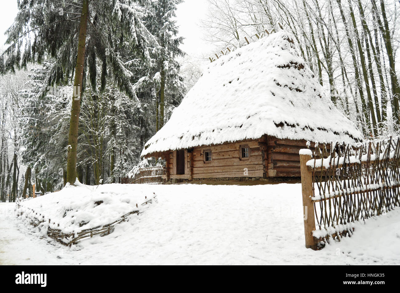 Authentic ukrainian village with wooden huts and fences in winter ...