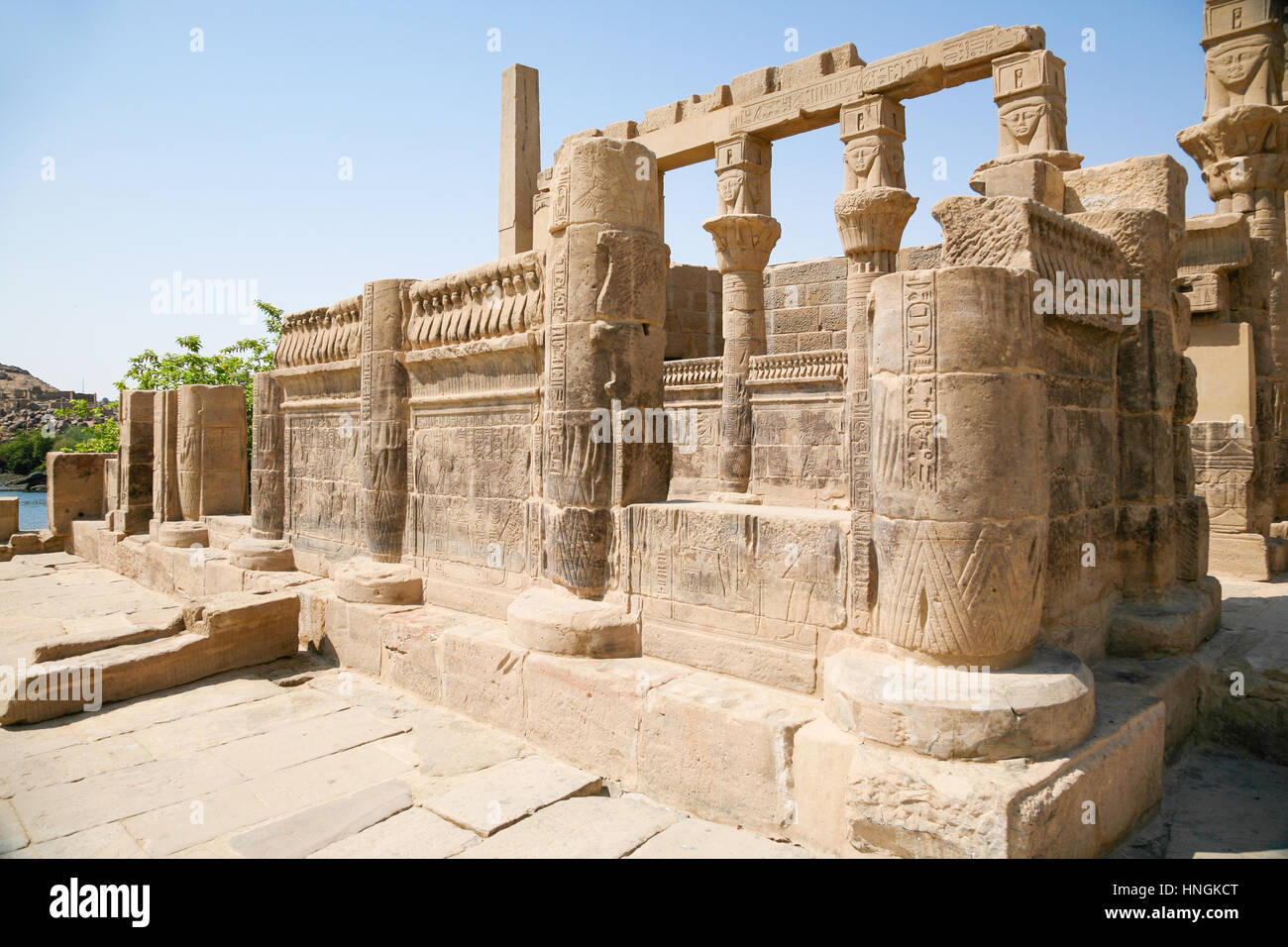 stone carved colonnade in landmark Philae Temple, Egyptian public ...