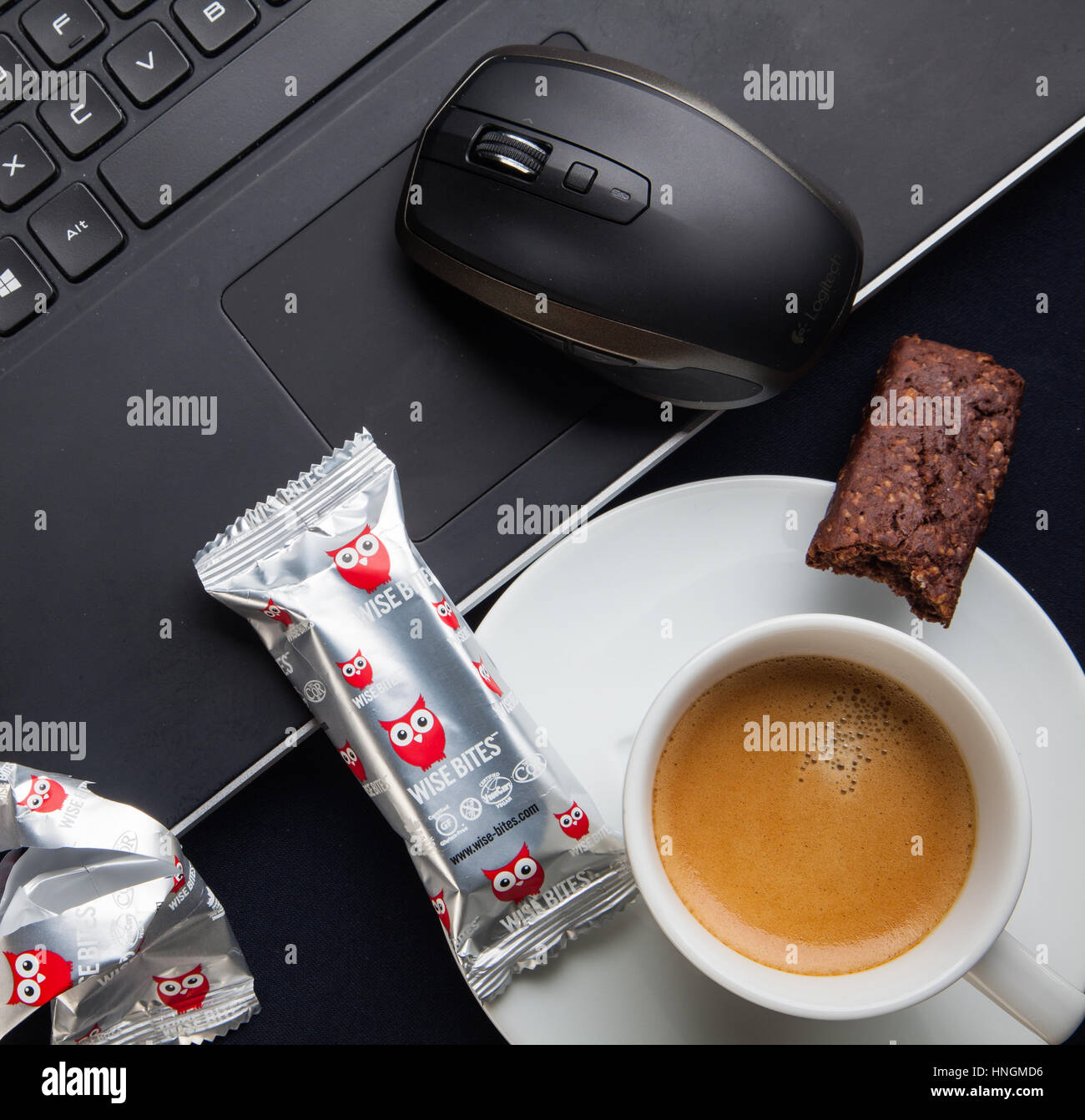 Laptop computer with a healthy snack and a cup of espresso Stock Photo ...
