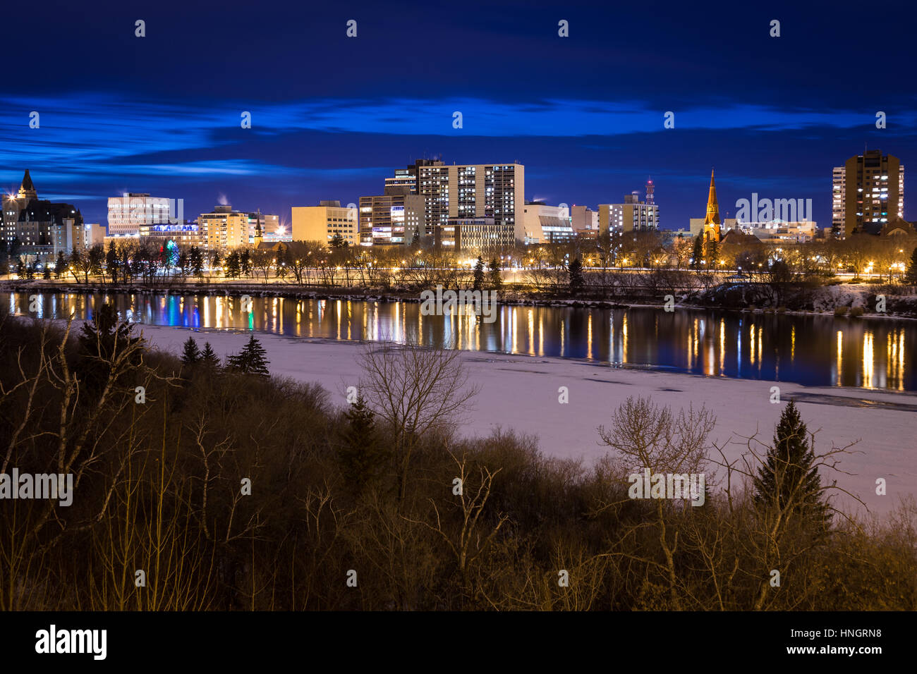 View of the waterfront of downtown Saskatoon at night Stock Photo - Alamy