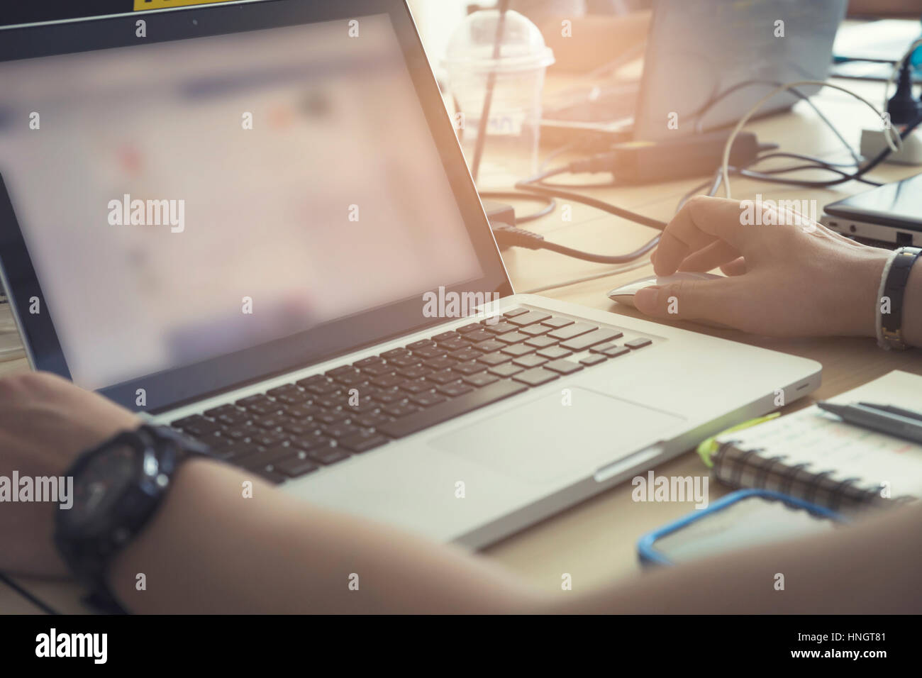 man's hand using laptop computer notebook, vintage tone Stock Photo - Alamy
