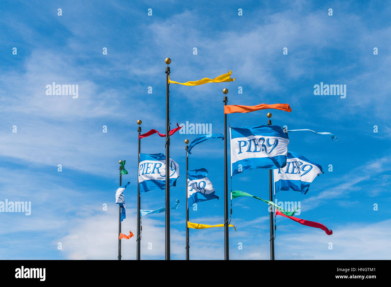 pier 39 flags on the blue sky,San francisco,California,usa Stock Photo ...