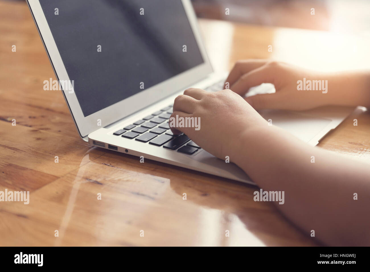 woman's hand typing with laptop computer notebook for working concept ...