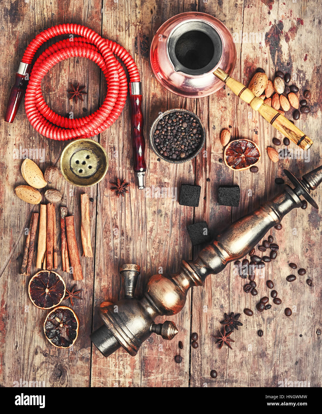 aroma oriental hookah with coffee in vintage style Stock Photo - Alamy
