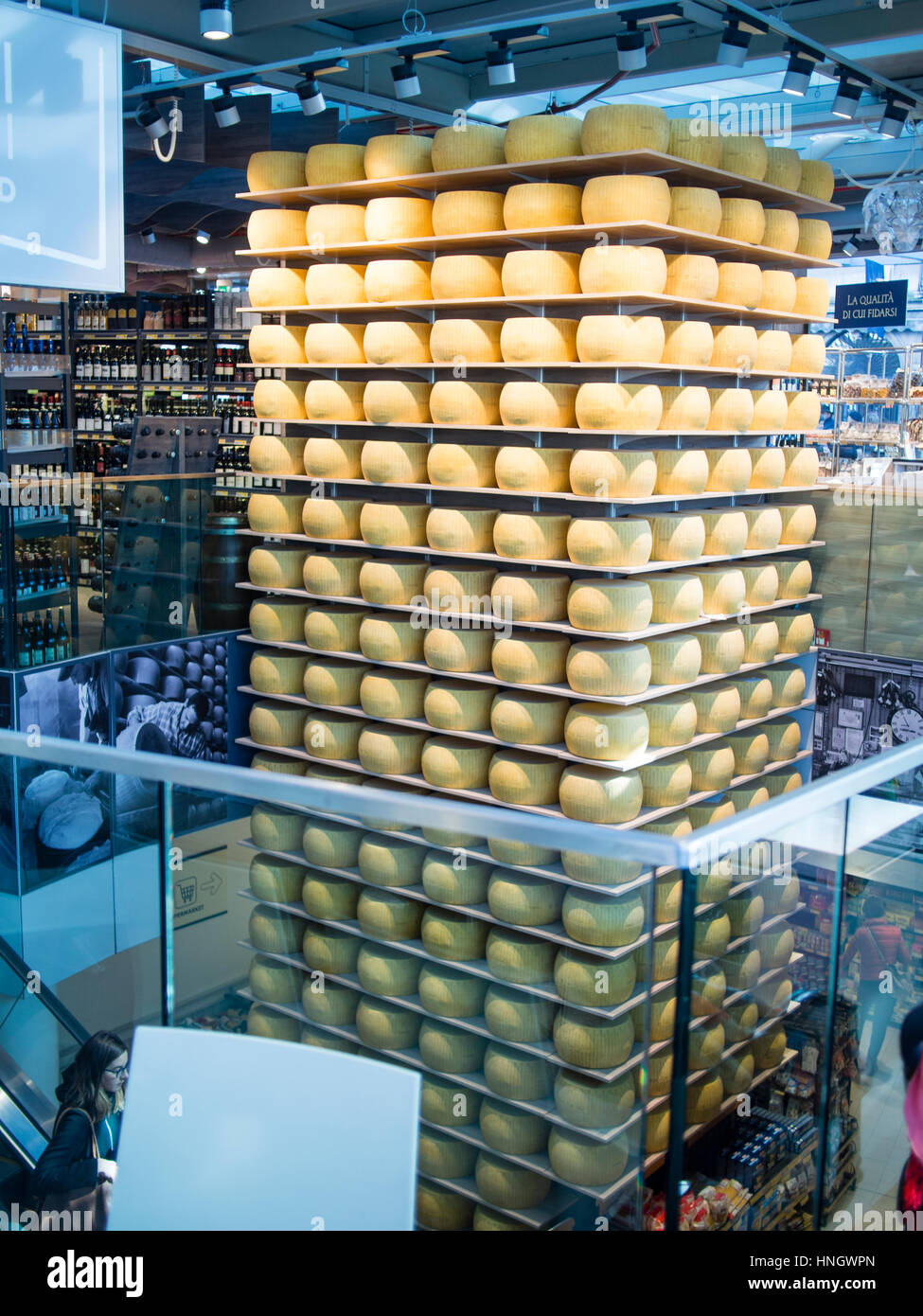 Many block of original parmigiano reggiano parmesan cheese in display ...