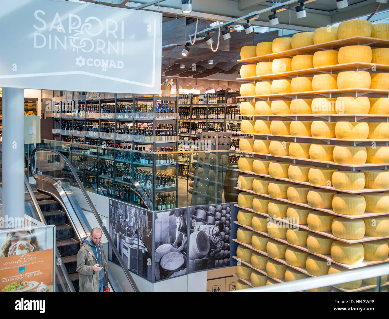 Many block of original parmigiano reggiano parmesan cheese in display ...