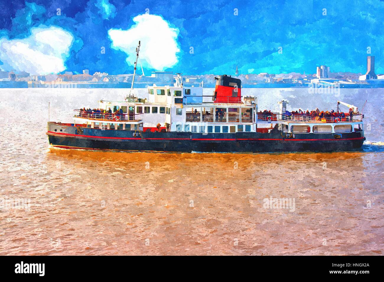 A digitally constructed painting of the Mersey Ferry in Liverpool UK ...